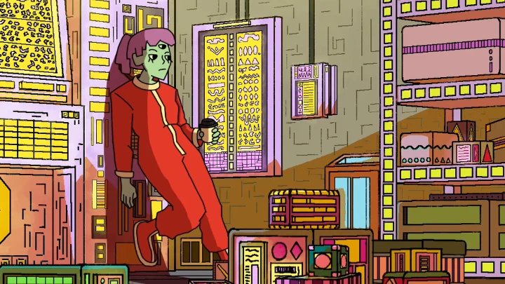 Alien Warehouse Worker Drinks Her Coffee